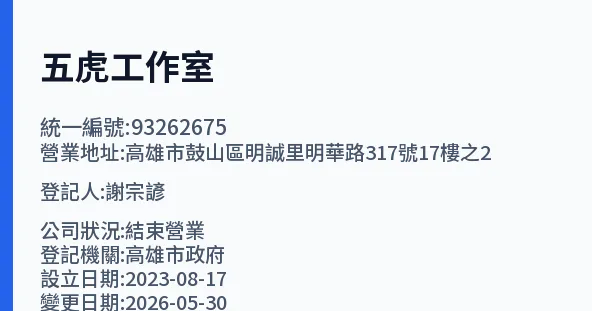 五虎工作室的照片-統編 93262675(高雄市) 公司登記資料與營業項目詳細圖表