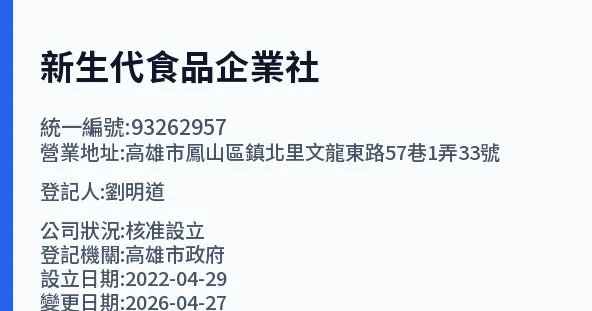 新生代食品企業社的照片-統編 93262957(高雄市) 公司登記資料與營業項目詳細圖表