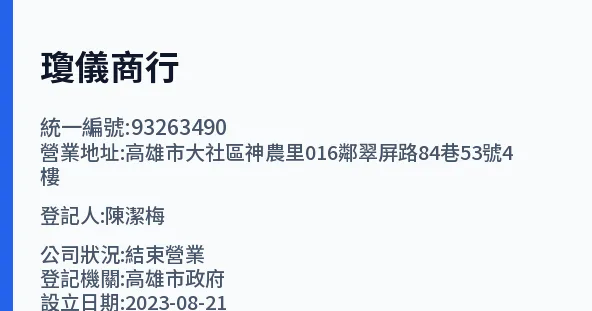 瓊儀商行的照片-統編 93263490(高雄市) 公司登記資料與營業項目詳細圖表