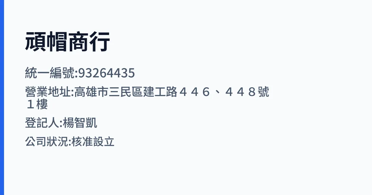 頑帽商行 - 統編 93264435(高雄市) 公司登記資料與營業項目詳細圖表