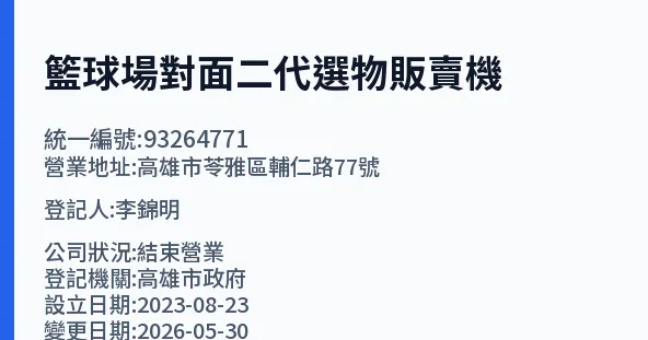 籃球場對面二代選物販賣機的照片-統編 93264771(高雄市) 公司登記資料與營業項目詳細圖表