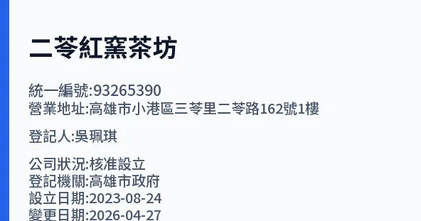 二苓紅窯茶坊的照片-統編 93265390(高雄市) 公司登記資料與營業項目詳細圖表