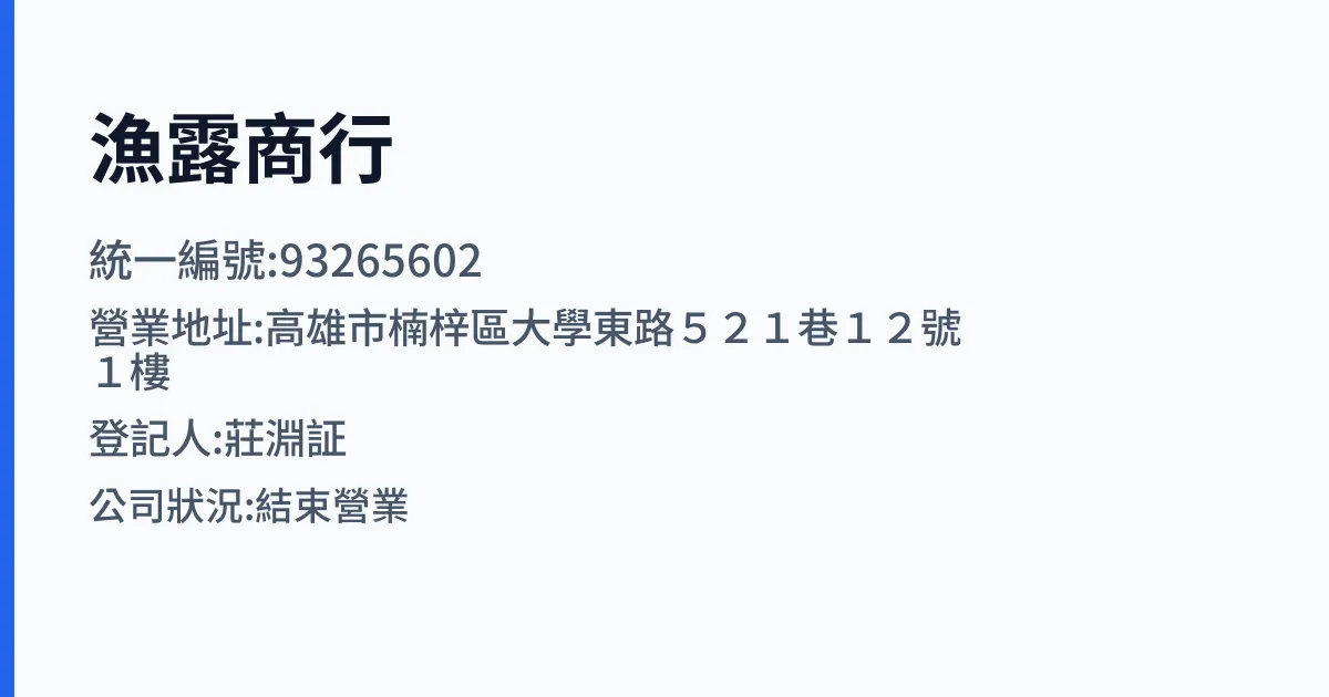 漁露商行 - 統編 93265602(高雄市) 公司登記資料與營業項目詳細圖表