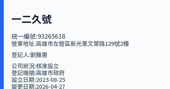 一二久號的照片-統編 93265618(高雄市) 公司登記資料與營業項目詳細圖表