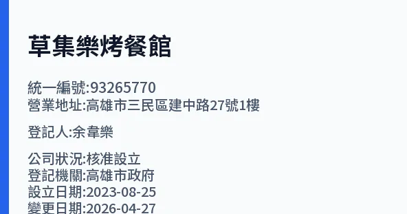 草集樂烤餐館的照片-統編 93265770(高雄市) 公司登記資料與營業項目詳細圖表