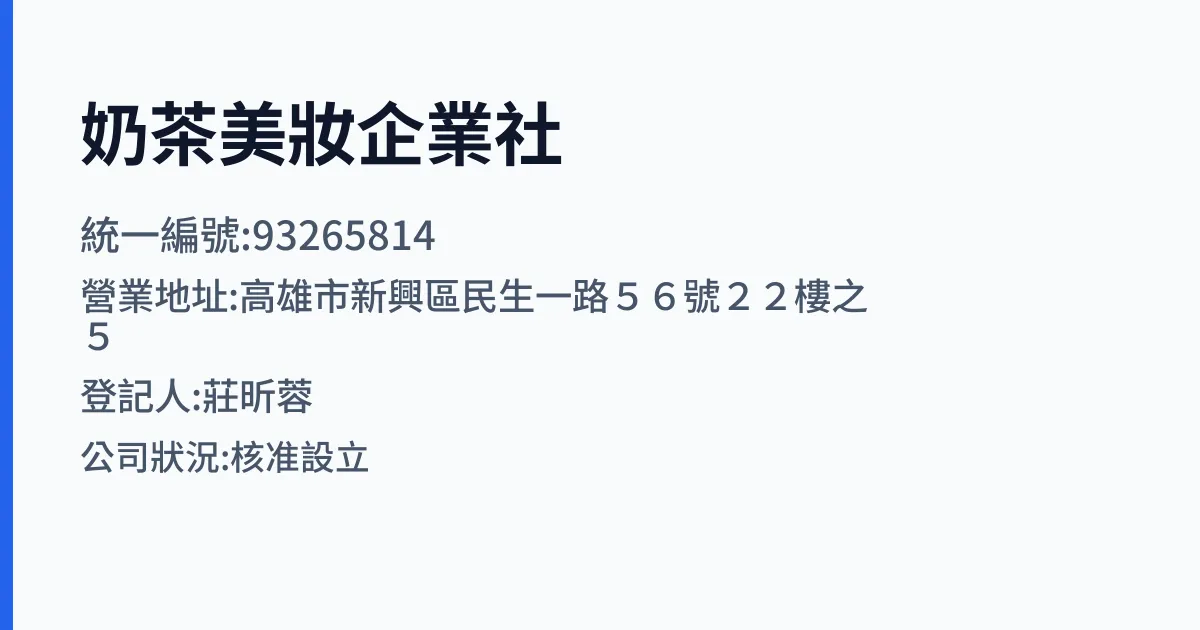 奶茶美妝企業社 - 統編 93265814(高雄市) 公司登記資料與營業項目詳細圖表