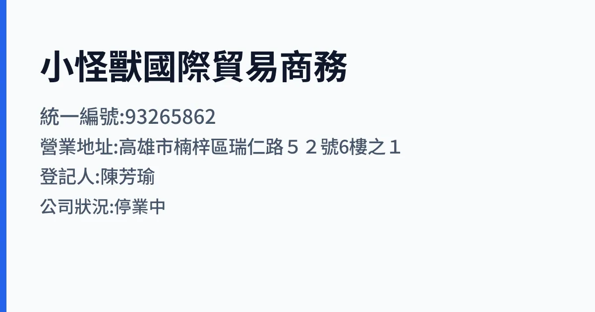 小怪獸國際貿易商務 - 統編 93265862(高雄市) 公司登記資料與營業項目詳細圖表