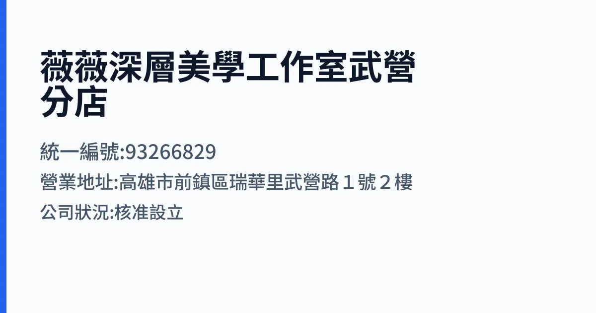 薇薇深層美學工作室武營分店 - 統編 93266829（高雄市） 公司登記資料與營業項目詳細圖表