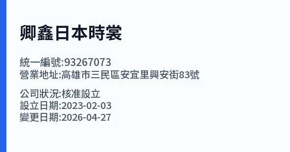 卿鑫日本時裳的照片-統編 93267073(高雄市) 公司登記資料與營業項目詳細圖表