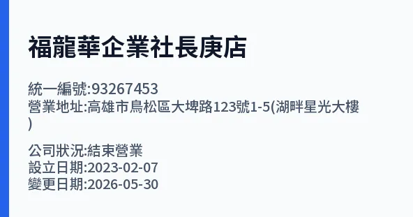 福龍華企業社長庚店的照片-統編 93267453(高雄市) 公司登記資料與營業項目詳細圖表