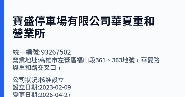 寶盛停車場有限公司華夏重和營業所的照片-統編 93267502(高雄市) 公司登記資料與營業項目詳細圖表