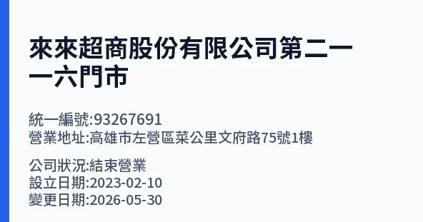 來來超商股份有限公司第二一一六門市的照片-統編 93267691(高雄市) 公司登記資料與營業項目詳細圖表