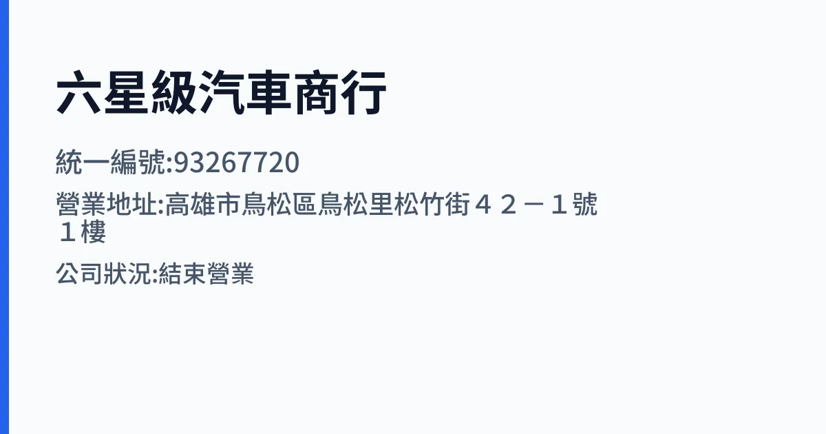六星級汽車商行 - 統編 93267720(高雄市) 公司登記資料與營業項目詳細圖表