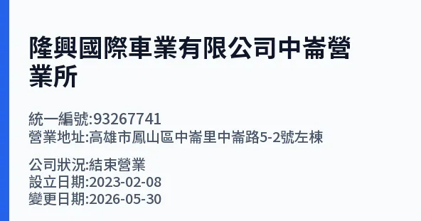 隆興國際車業有限公司中崙營業所的照片-統編 93267741(高雄市) 公司登記資料與營業項目詳細圖表