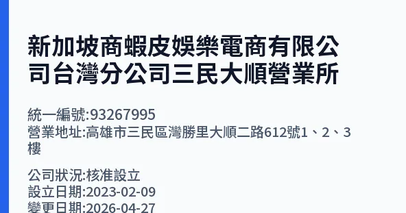 新加坡商蝦皮娛樂電商有限公司台灣分公司三民大順營業所的照片-統編 93267995(高雄市) 公司登記資料與營業項目詳細圖表