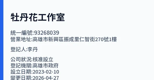 牡丹花工作室的照片-統編 93268039(高雄市) 公司登記資料與營業項目詳細圖表