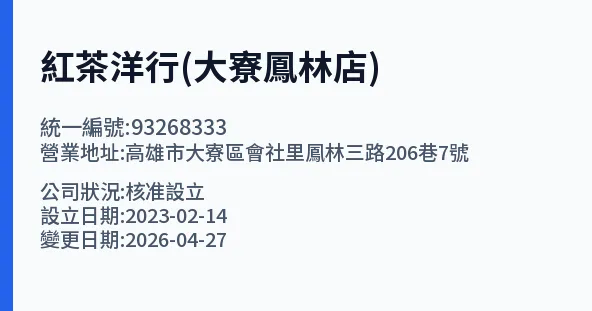 紅茶洋行(大寮鳳林店)的照片-統編 93268333(高雄市) 公司登記資料與營業項目詳細圖表