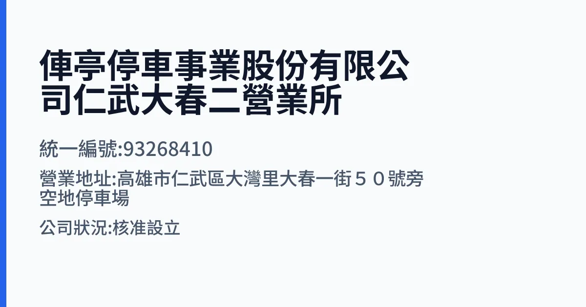 俥亭停車事業股份有限公司仁武大春二營業所 - 統編 93268410(高雄市) 公司登記資料與營業項目詳細圖表