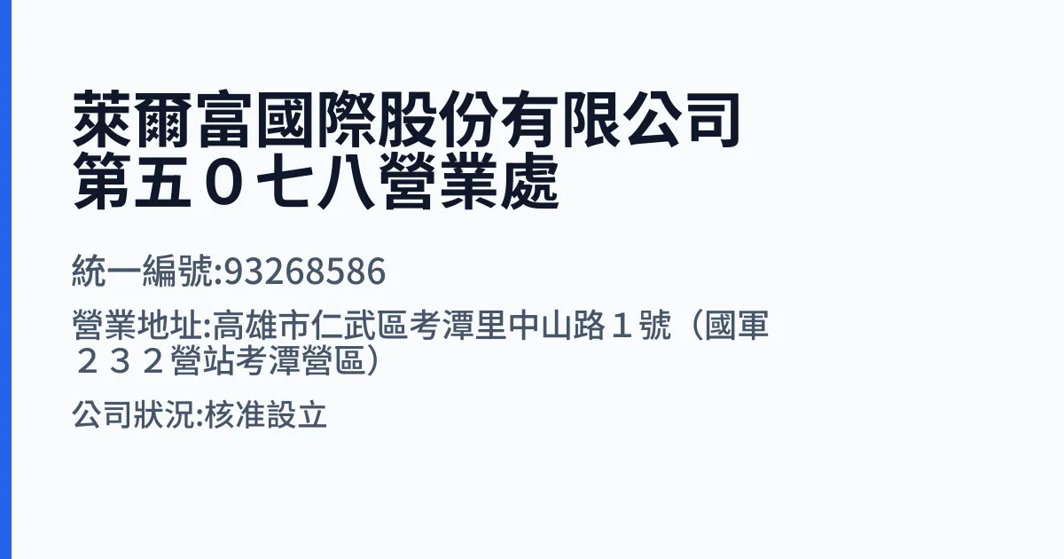 萊爾富國際股份有限公司第五0七八營業處 - 統編 93268586(高雄市) 公司登記資料與營業項目詳細圖表