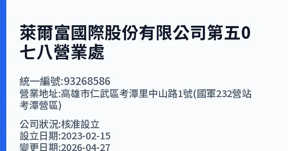 萊爾富國際股份有限公司第五0七八營業處的照片-統編 93268586(高雄市) 公司登記資料與營業項目詳細圖表