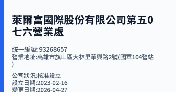 萊爾富國際股份有限公司第五0七六營業處的照片-統編 93268657(高雄市) 公司登記資料與營業項目詳細圖表