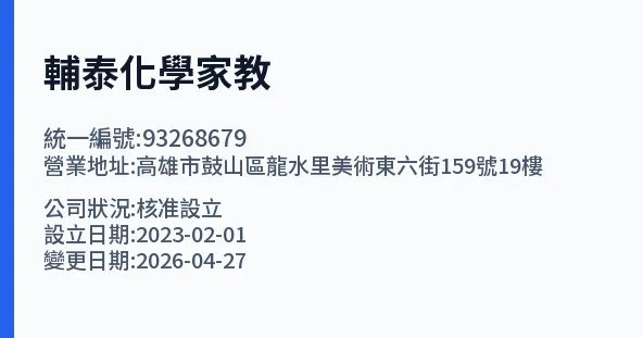 輔泰化學家教的照片-統編 93268679(高雄市) 公司登記資料與營業項目詳細圖表