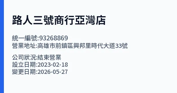 路人三號商行亞灣店的照片-統編 93268869(高雄市) 公司登記資料與營業項目詳細圖表