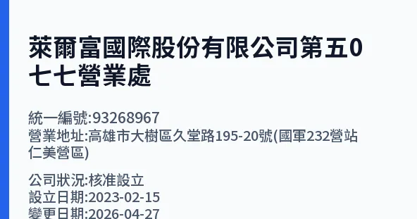萊爾富國際股份有限公司第五0七七營業處的照片-統編 93268967(高雄市) 公司登記資料與營業項目詳細圖表