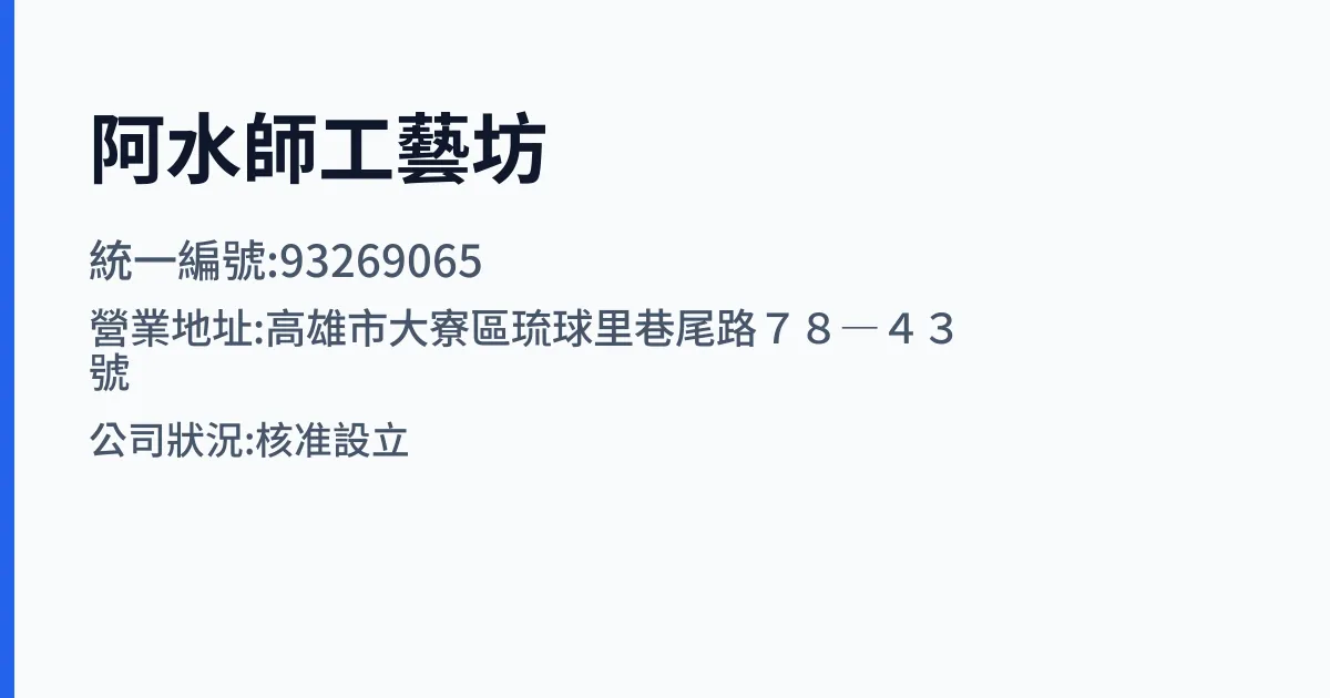 阿水師工藝坊 - 統編 93269065(高雄市) 公司登記資料與營業項目詳細圖表
