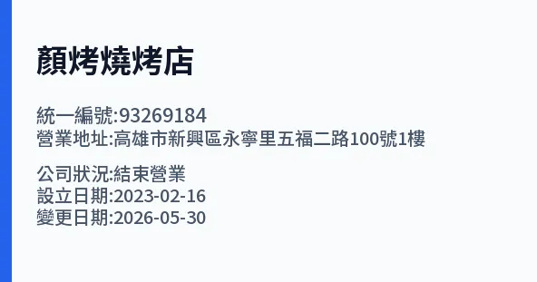 顏烤燒烤店的照片-統編 93269184(高雄市) 公司登記資料與營業項目詳細圖表