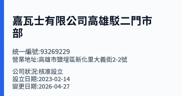 嘉瓦士有限公司高雄駁二門市部的照片-統編 93269229(高雄市) 公司登記資料與營業項目詳細圖表