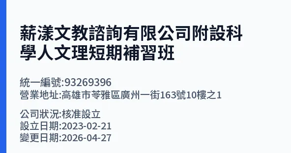 薪漾文教諮詢有限公司附設科學人文理短期補習班的照片-統編 93269396(高雄市) 公司登記資料與營業項目詳細圖表