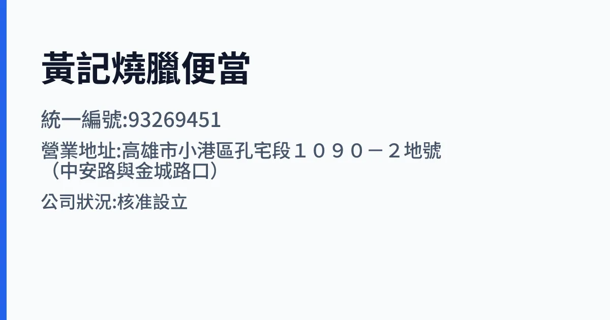 黃記燒臘便當 - 統編 93269451(高雄市) 公司登記資料與營業項目詳細圖表