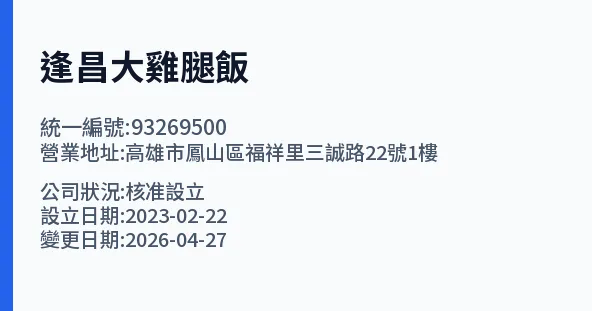 逢昌大雞腿飯的照片-統編 93269500(高雄市) 公司登記資料與營業項目詳細圖表