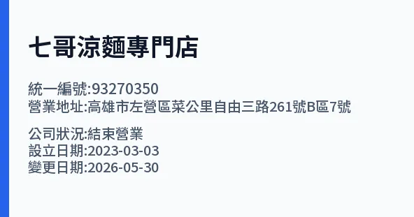 七哥涼麵專門店的照片-統編 93270350(高雄市) 公司登記資料與營業項目詳細圖表