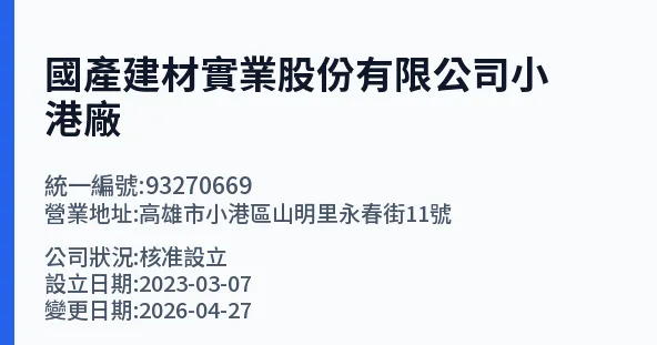 國產建材實業股份有限公司小港廠的照片-統編 93270669(高雄市) 公司登記資料與營業項目詳細圖表