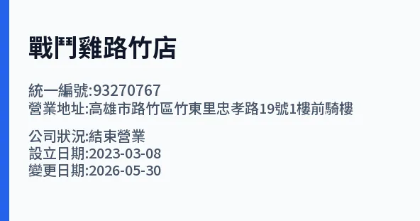 戰鬥雞路竹店的照片-統編 93270767(高雄市) 公司登記資料與營業項目詳細圖表