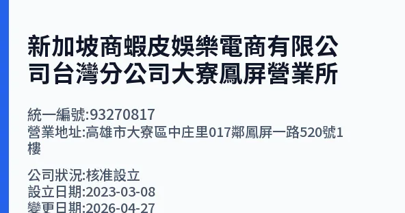 新加坡商蝦皮娛樂電商有限公司台灣分公司大寮鳳屏營業所的照片-統編 93270817(高雄市) 公司登記資料與營業項目詳細圖表