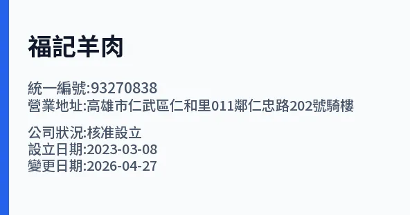 福記羊肉的照片-統編 93270838(高雄市) 公司登記資料與營業項目詳細圖表