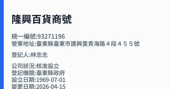 隆興百貨商號的照片-統編 93271196(臺東縣) 公司登記資料與營業項目詳細圖表