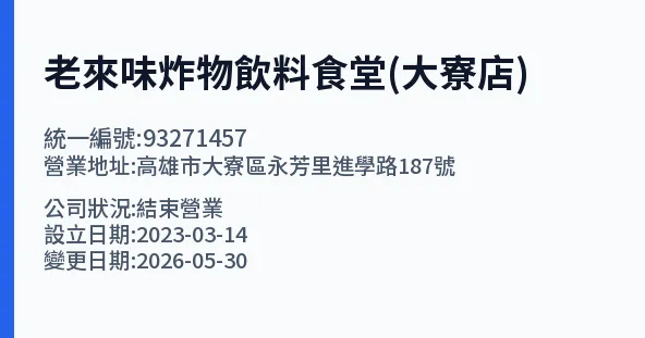 老來味炸物飲料食堂(大寮店)的照片-統編 93271457(高雄市) 公司登記資料與營業項目詳細圖表