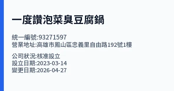 一度讚泡菜臭豆腐鍋的照片-統編 93271597(高雄市) 公司登記資料與營業項目詳細圖表