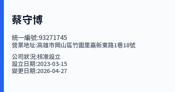 蔡守博的照片-統編 93271745(高雄市) 公司登記資料與營業項目詳細圖表