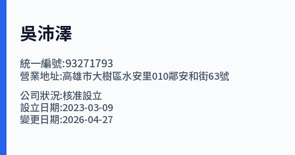 吳沛澤的照片-統編 93271793(高雄市) 公司登記資料與營業項目詳細圖表