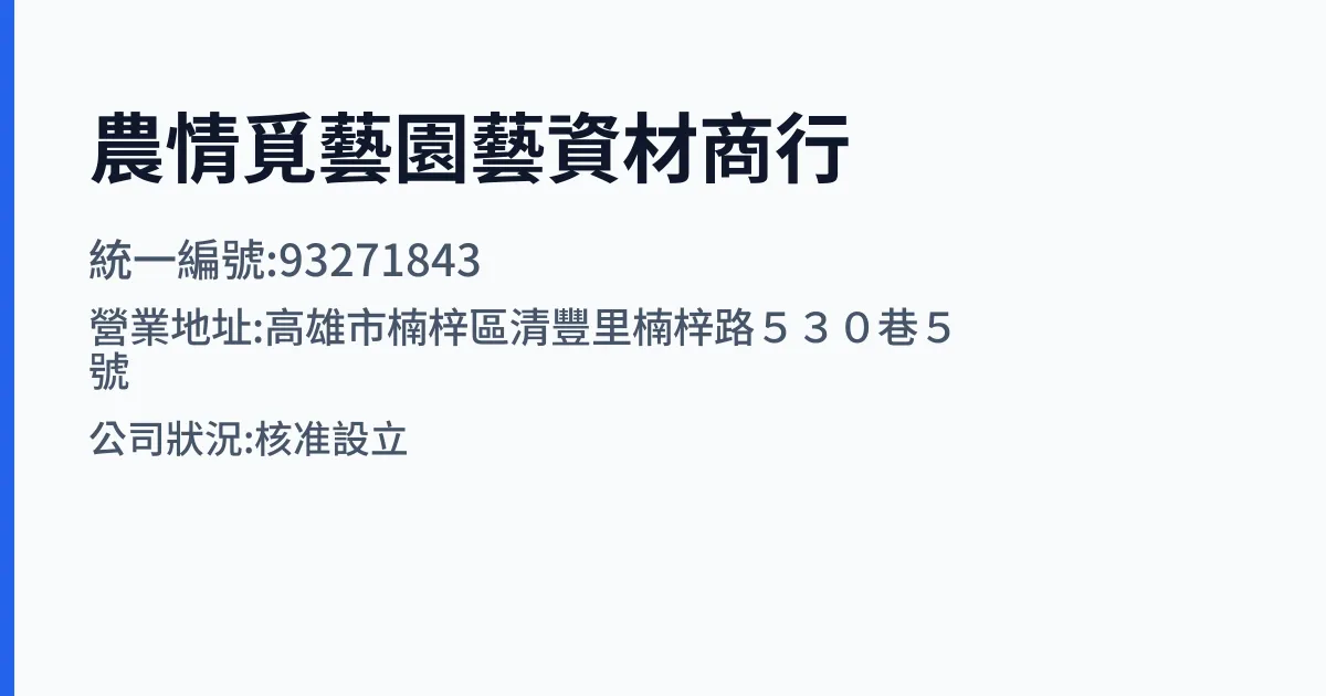 農情覓藝園藝資材商行 - 統編 93271843(高雄市) 公司登記資料與營業項目詳細圖表
