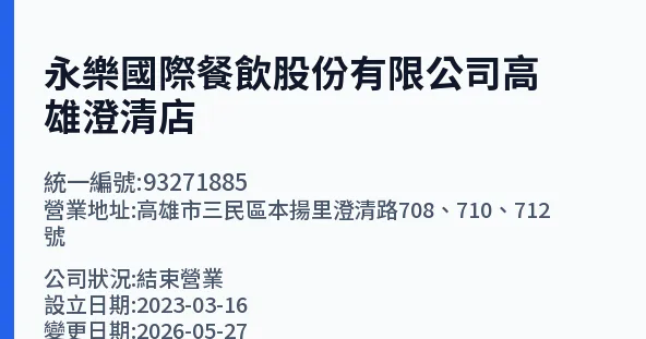 永樂國際餐飲股份有限公司高雄澄清店的照片-統編 93271885(高雄市) 公司登記資料與營業項目詳細圖表