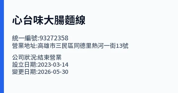 心台味大腸麵線的照片-統編 93272358(高雄市) 公司登記資料與營業項目詳細圖表