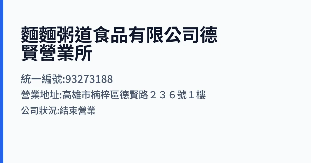 麵麵粥道食品有限公司德賢營業所 - 統編 93273188(高雄市) 公司登記資料與營業項目詳細圖表
