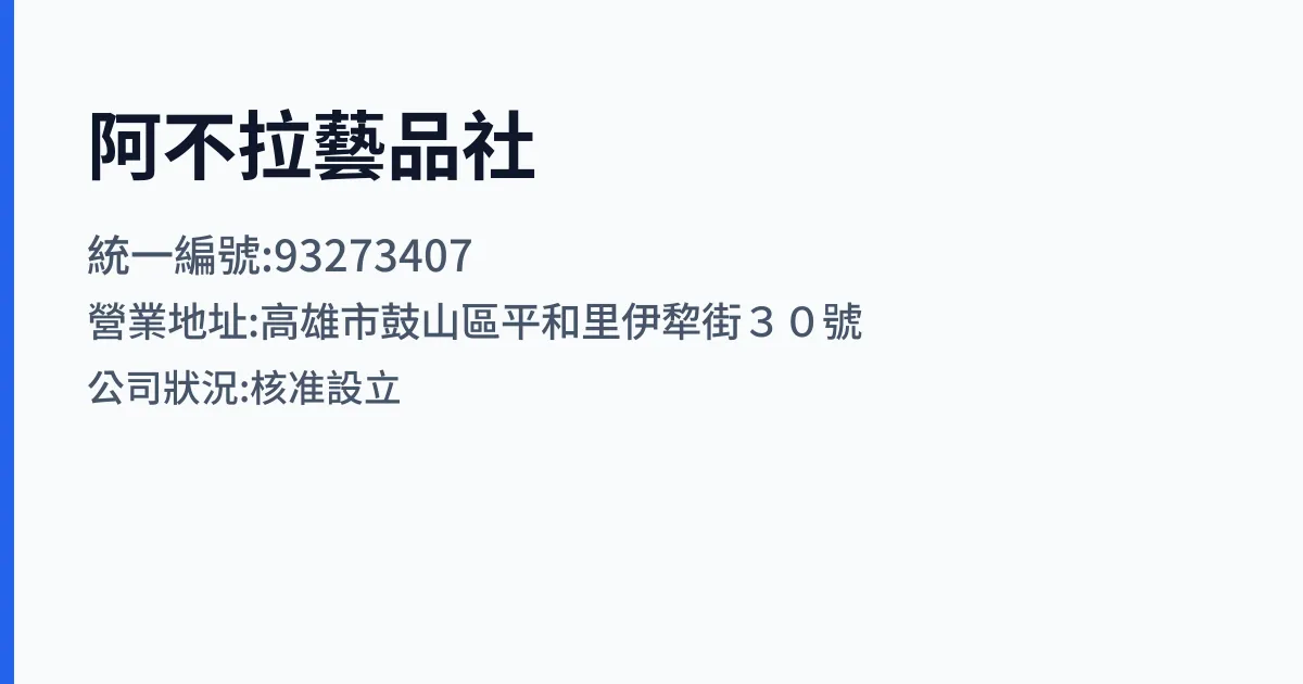 阿不拉藝品社 - 統編 93273407(高雄市) 公司登記資料與營業項目詳細圖表