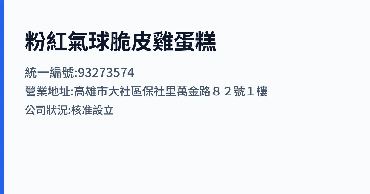 粉紅氣球脆皮雞蛋糕 - 統編 93273574(高雄市) 公司登記資料與營業項目詳細圖表